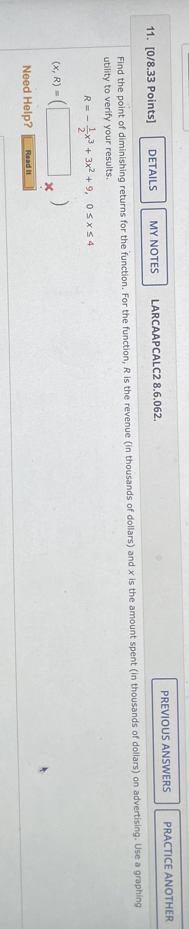 Solved [0/8.33 ﻿Points]LARCAAPCALC2 8.6.062.Find the point | Chegg.com