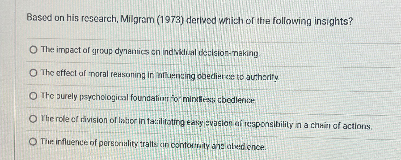 Solved Based on his research, Milgram (1973) ﻿derived which | Chegg.com