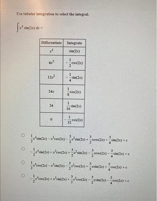 Solved Use tabular integration to select the integral. | Chegg.com