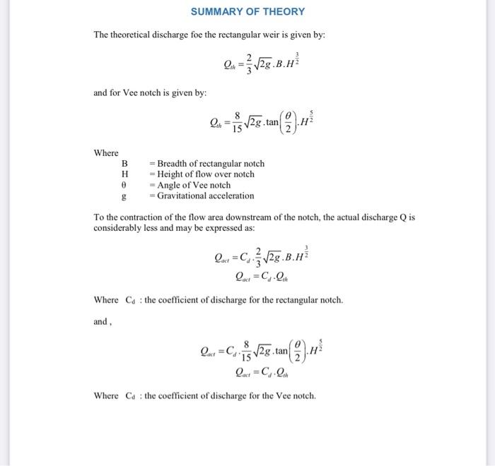 Solved EXPERIMENTS Sample Attached: Rectangular Weir with | Chegg.com