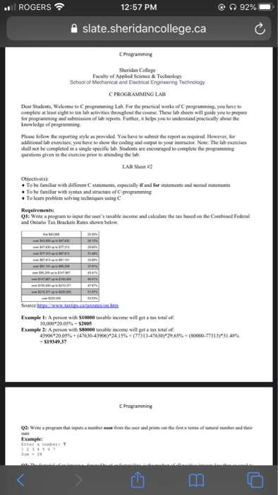 Solved ROGERS @ 92% 12:57 PM slate.sheridancollege.ca C | Chegg.com