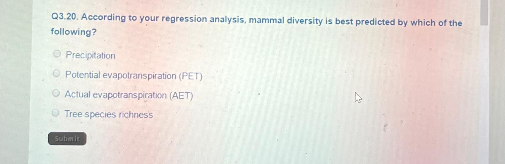 Solved Q3.20. ﻿According to your regression analysis, mammal | Chegg.com