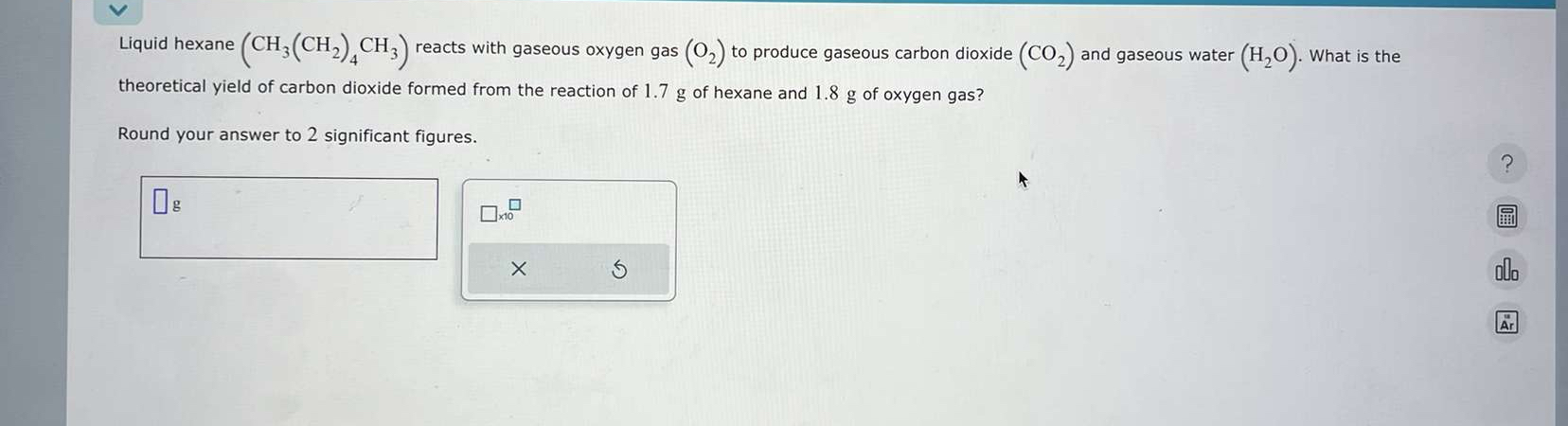 Solved Liquid hexane (CH3(CH2)4CH3) reacts with gaseous | Chegg.com Solved Liquid hexane (CH3(CH2)4CH3) reacts with gaseous | Chegg.com