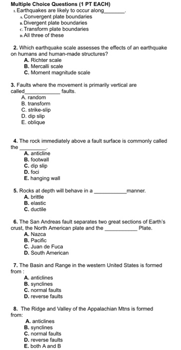 Solved Multiple Choice Questions (1 PT EACH) 1. Earthquakes | Chegg.com