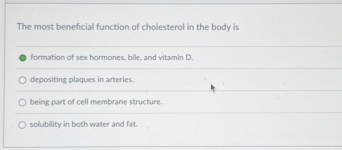 Solved The most beneficial function of cholesterol in the | Chegg.com