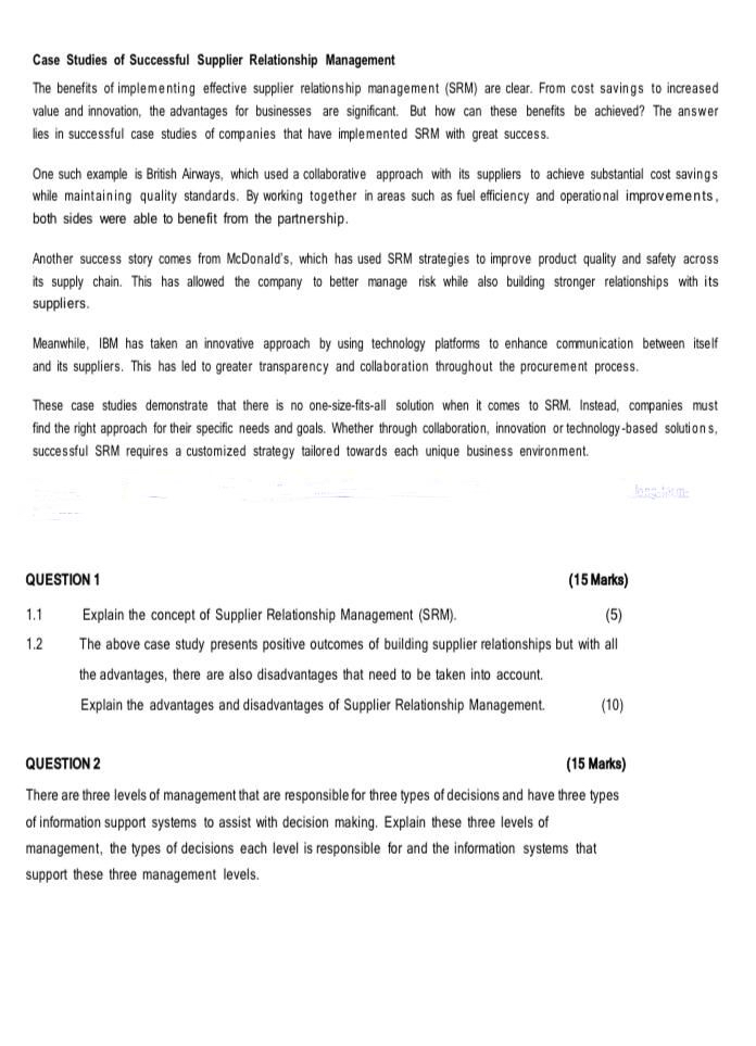 Solved Case Studies of Successful Supplier Relationship | Chegg.com