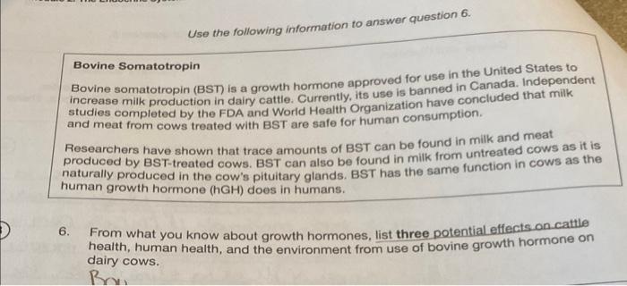 Solved Bovine Somatotropin Bovine somatotropin (BST) is a | Chegg.com