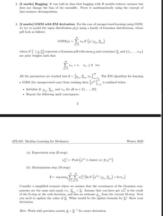 Solved 2. [3 marks] Bagging: It wis told in class that | Chegg.com