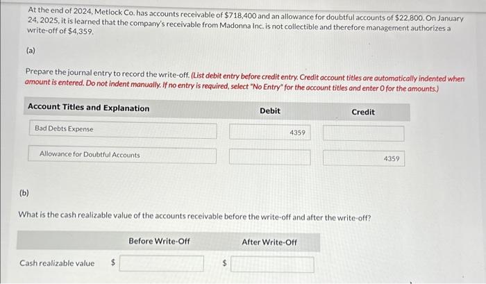 Solved At the end of 2024, Metlock Co. has accounts | Chegg.com