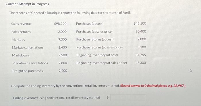 Solved Current Attempt in Progress The records of Concord's | Chegg.com