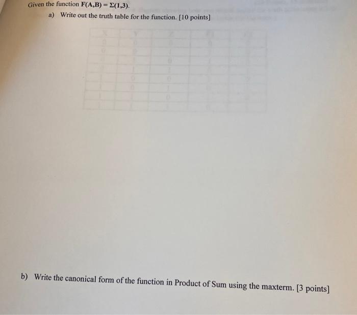Solved Given the function F(A,B)=Σ(1,3). a) Write out the | Chegg.com