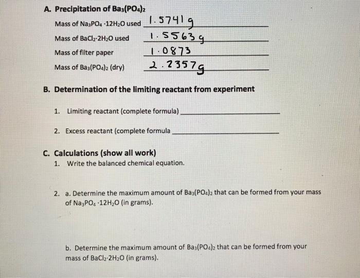 Solved 2 Na3PO4 • 12 H2O + 3 BaCl2 • 2 H2O -> Ba3(PO4)2 + 6 | Chegg.com