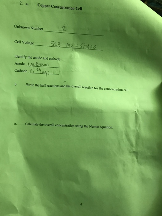 Solved 2. a. Copper Concentration Cell Unknown Number Cell | Chegg.com
