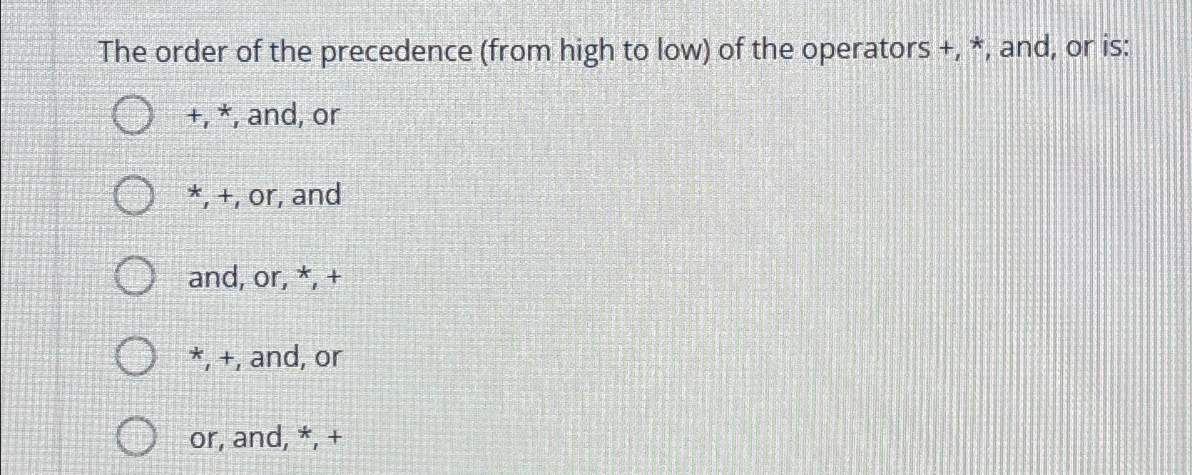 Solved The order of the precedence (from high to low) ﻿of | Chegg.com