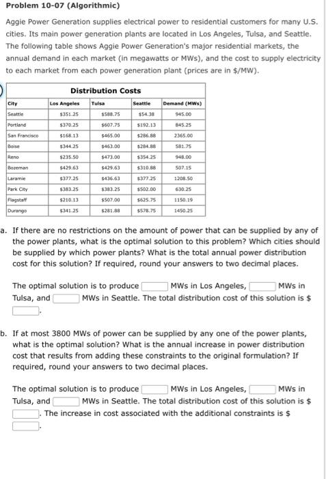 Solved Problem 10-07 (Algorithmic) Aggie Power Generation | Chegg.com
