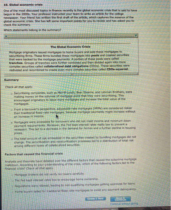 Solved 10. Global economic crisis One of the most discussed | Chegg.com