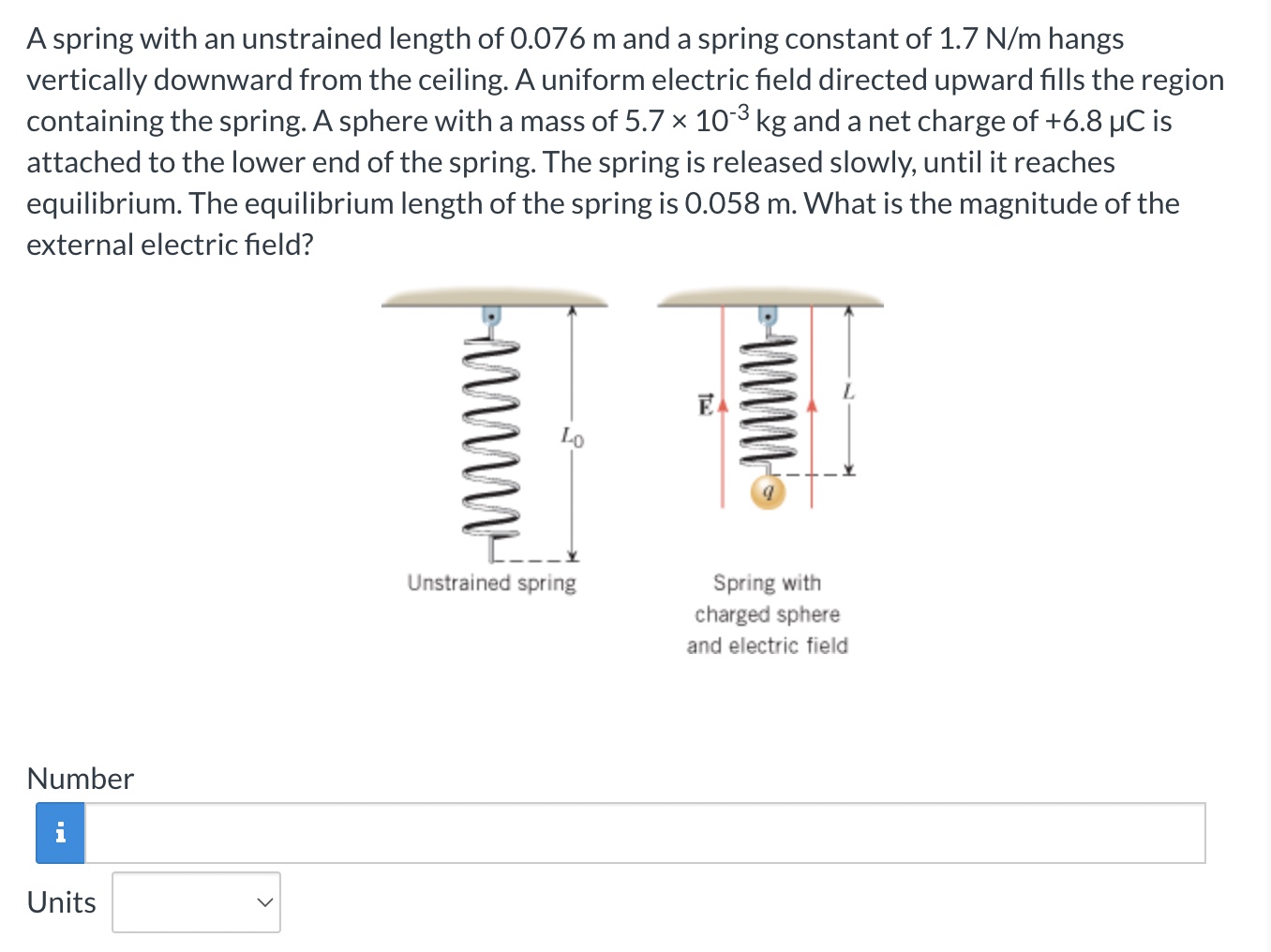 Solved A spring with an unstrained length of 0.076 ﻿m and a | Chegg.com