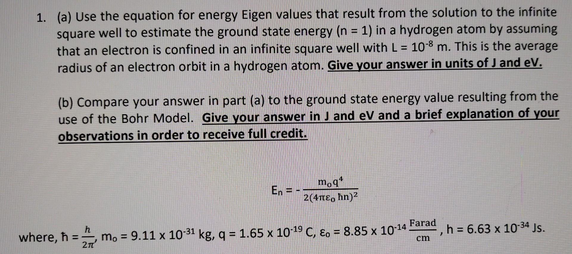 Solved 1. (a) Use the equation for energy Eigen values that | Chegg.com