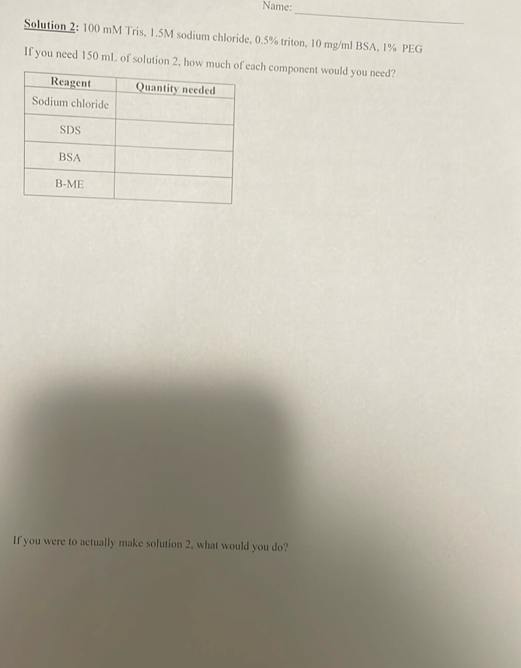 Solved NameSolution 2: 100mM ﻿Tris, 1.5M ﻿sodium chloride, | Chegg.com