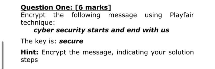 Solved Question One: [6 marks] Encrypt the following message | Chegg.com
