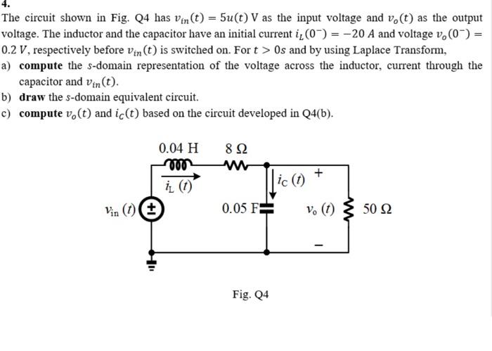 Solved The circuit shown in Fig. Q4 has vin(t)=5u(t)V as the | Chegg.com