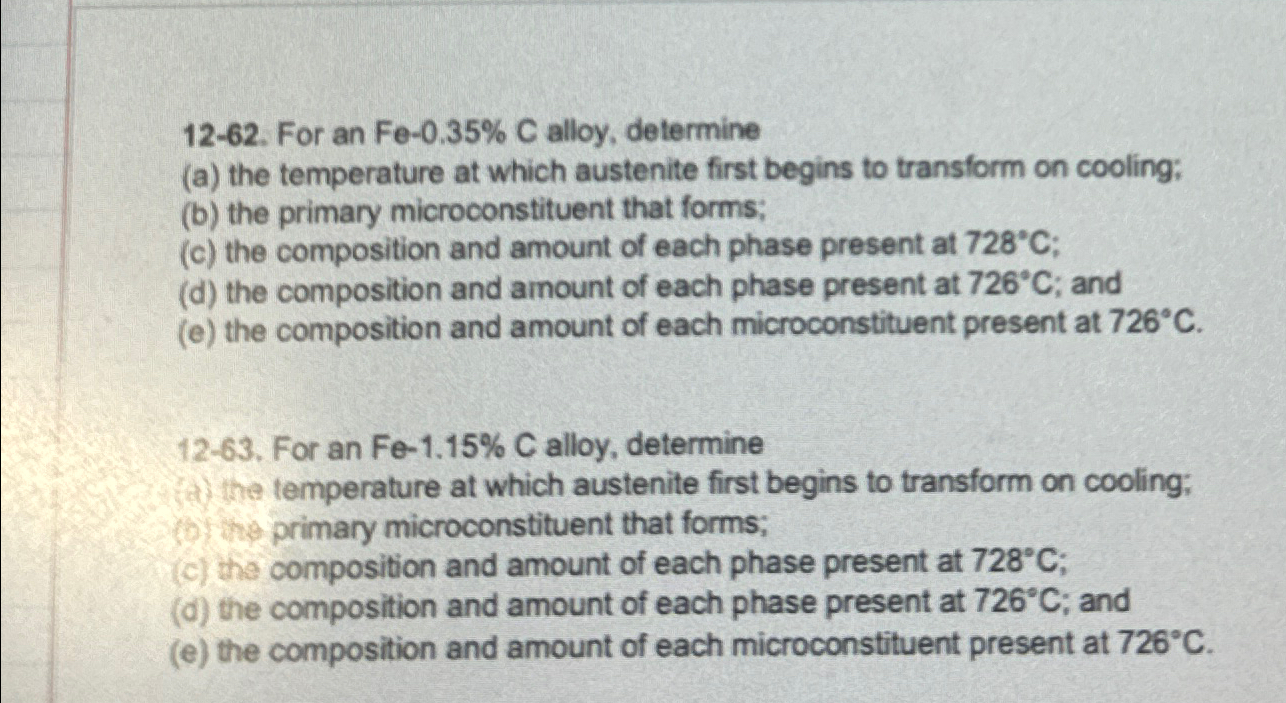 Solved 12-62. ﻿For an Fe-0.35%C ﻿alloy, determine(a) ﻿the | Chegg.com