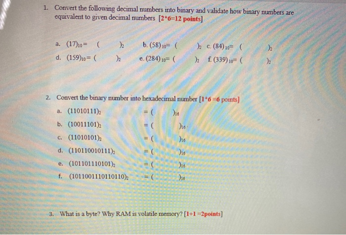 Solved 1 Convert The Following Decimal Numbers Into Binary 2637
