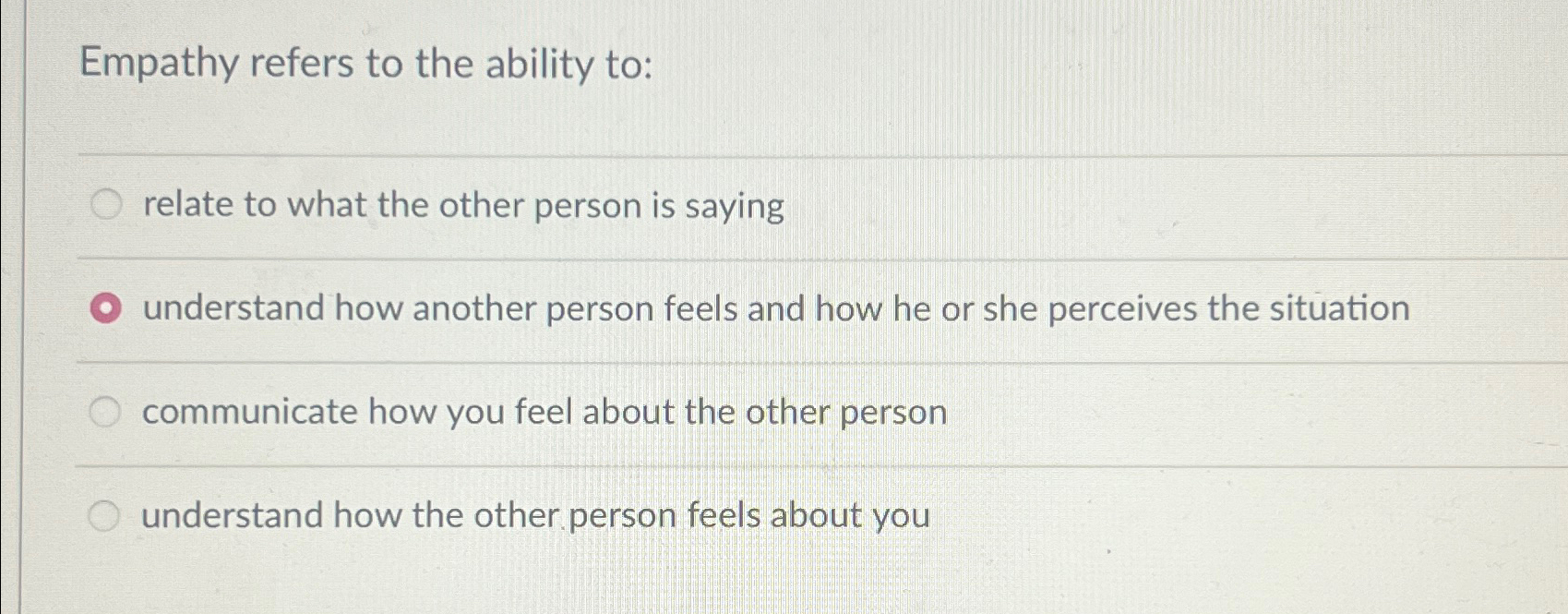 Solved Empathy refers to the ability to:relate to what the | Chegg.com