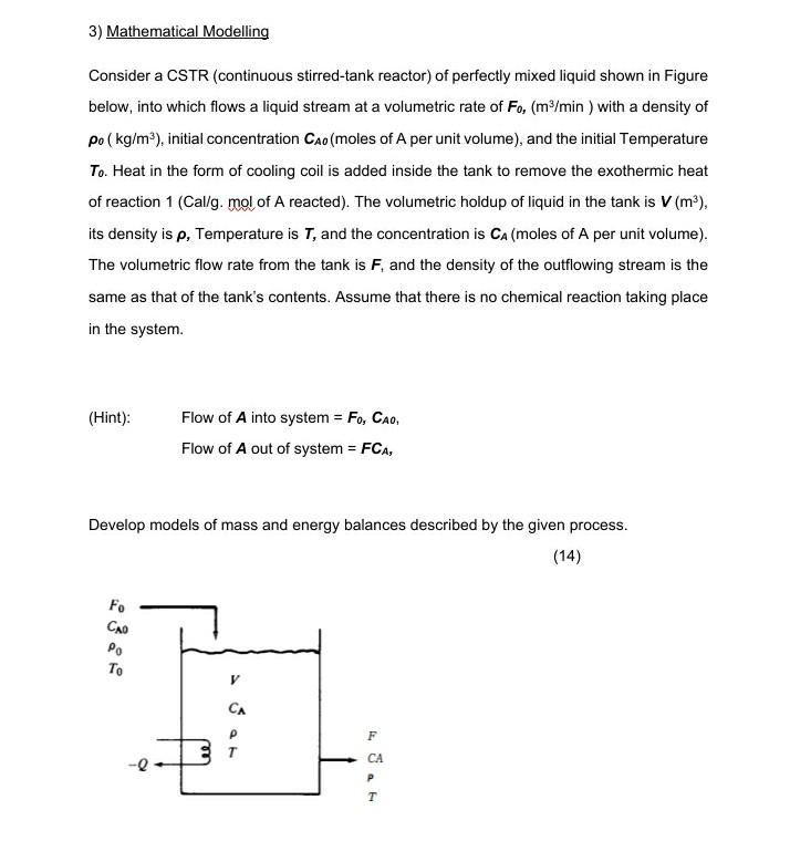 Solved 3) Mathematical Modelling Consider a CSTR (continuous | Chegg.com