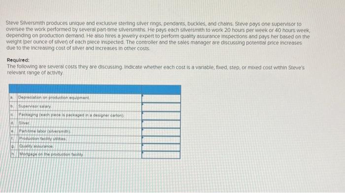 Solved Steve Silversmith produces unique and exclusive | Chegg.com