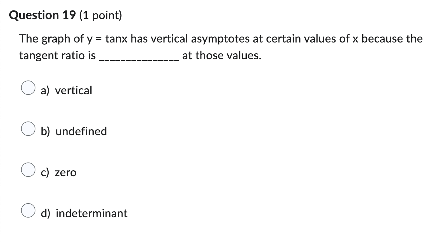 Solved Question 19 (1 ﻿point)The graph of y=tanx ﻿has | Chegg.com
