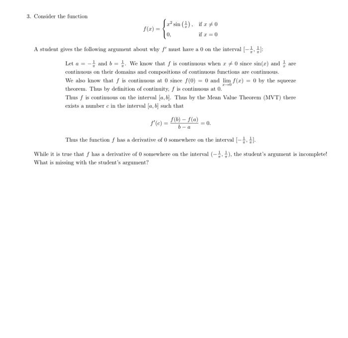 Solved 3. Consider the function f(x)={x2sin(x1),0, if x =0 | Chegg.com