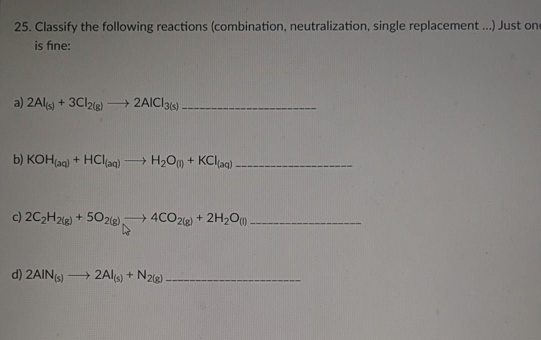 Solved 25. Classify the following reactions (combination, | Chegg.com