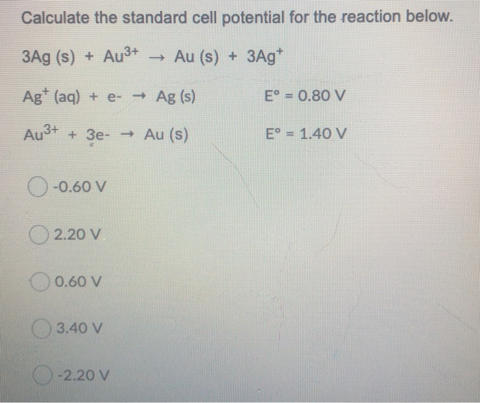 Solved Calculate the standard cell potential for the | Chegg.com