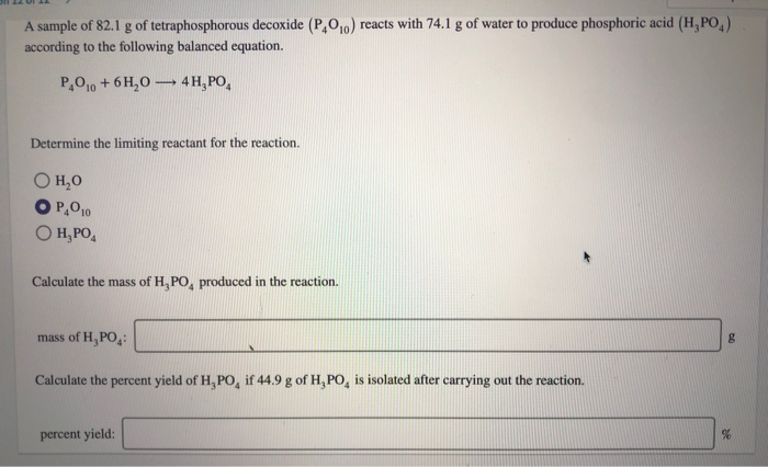 Solved A sample of 82.1 g of tetraphosphorous decoxide | Chegg.com