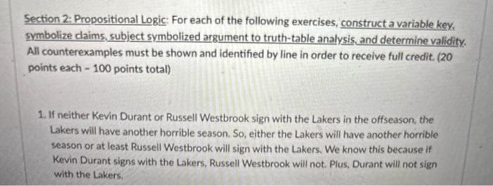 Section 2: Propositional Logic: For each of the | Chegg.com