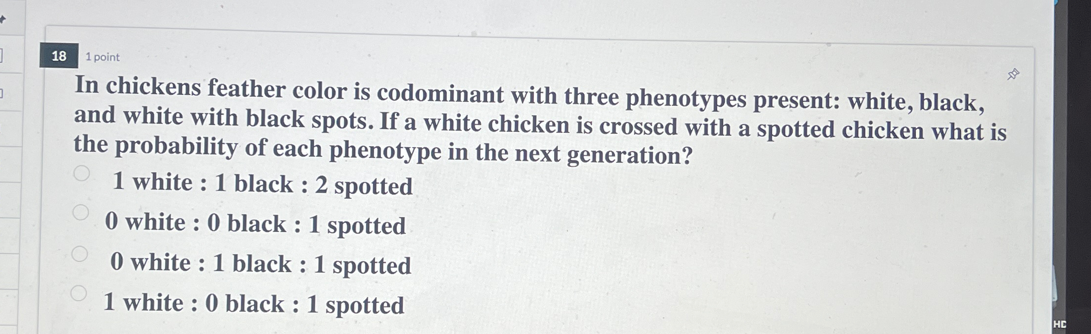 Solved 1 ﻿pointIn chickens feather color is codominant with | Chegg.com