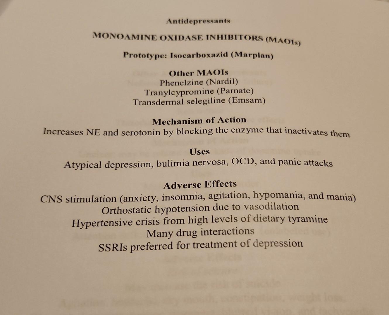 Solved Antidepressants MONOAMINE OXIDASE INHIBITORS (MAOIS) | Chegg.com