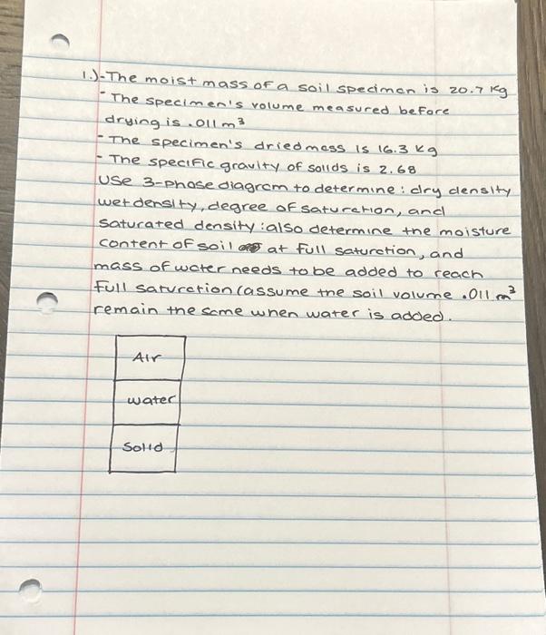 Solved 1.)-The moist mass of a soil specimen is 20.7 kg - | Chegg.com