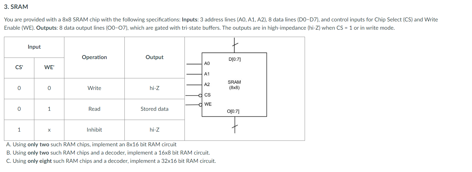 3. ﻿SRAMYou are provided with a 8x8 ﻿SRAM chip with | Chegg.com