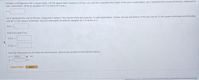 Solved Consider a storage box with a square base. Let the | Chegg.com