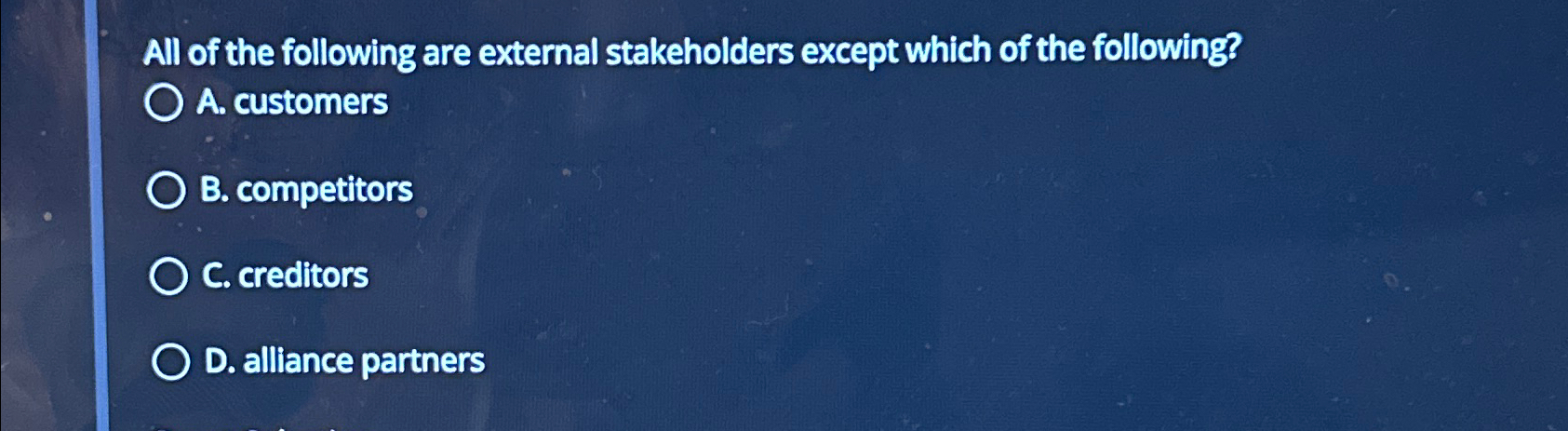 Solved All of the following are external stakeholders except | Chegg.com