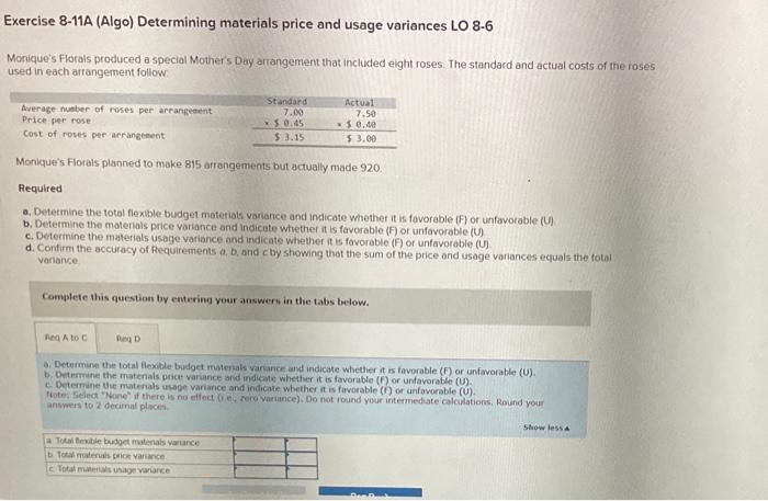 Solved xercise 8-11A (Algo) Determining materials price and | Chegg.com
