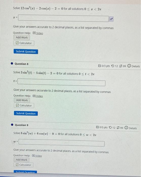 Solved Solve 12 cos? () - 2 cos(x) - 2 = 0 for all solutions | Chegg.com