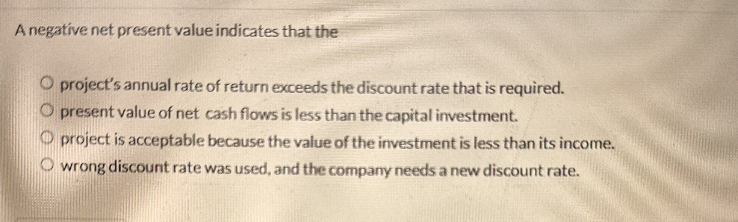Solved A negative net present value indicates that | Chegg.com