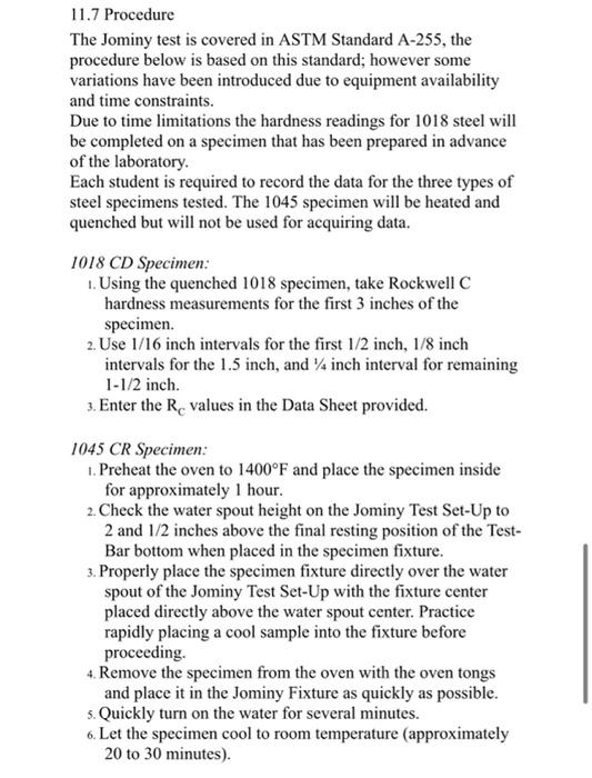 Solved 11.7 Procedure The Jominy test is covered in ASTM | Chegg.com