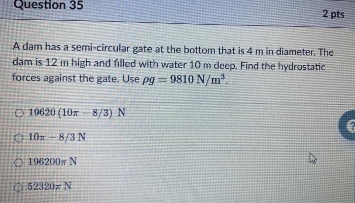 Solved Question 35 2 pts A dam has a semi-circular gate at | Chegg.com