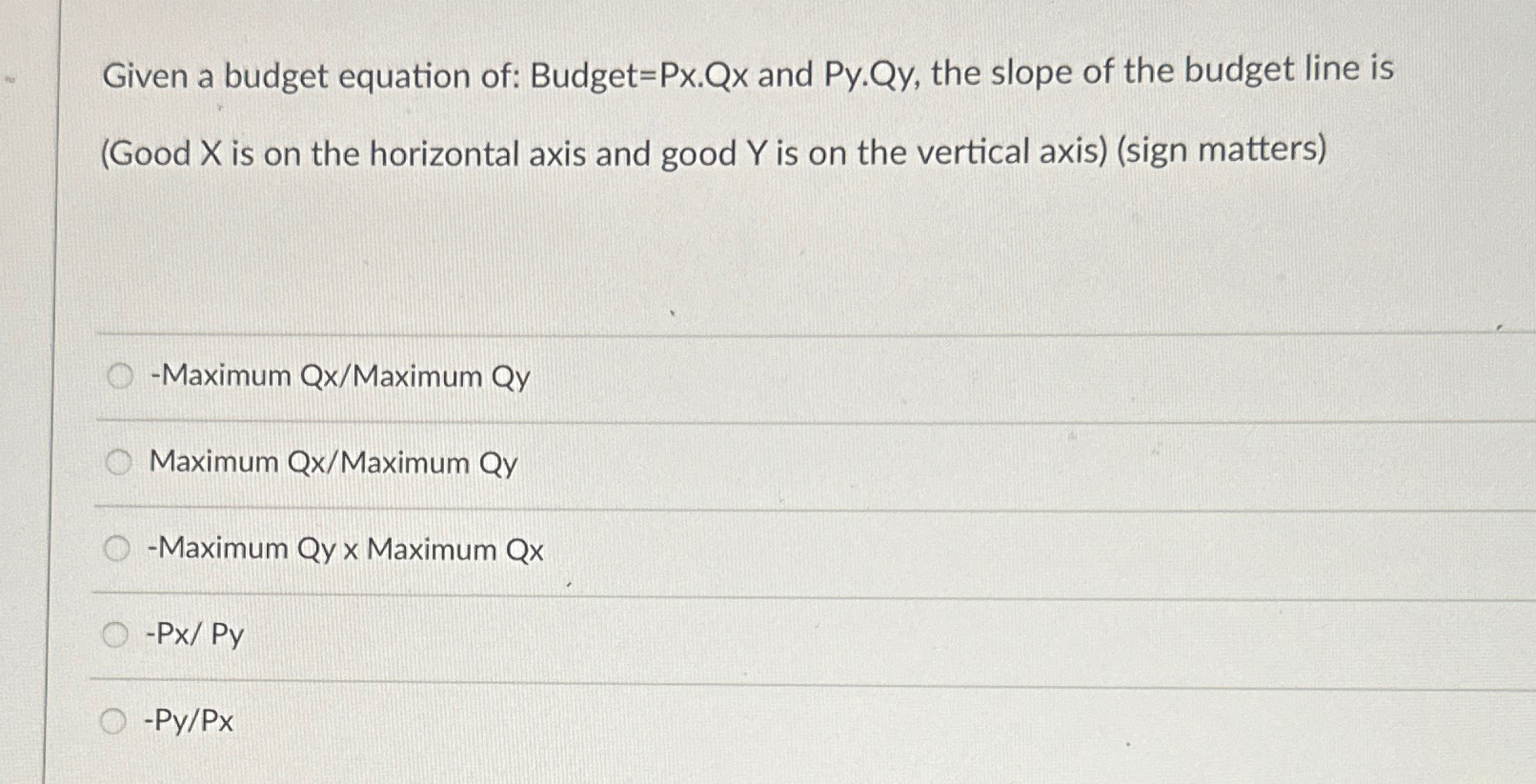 Solved Given a budget equation of: Budget=Px.Qx and Py.Qy, | Chegg.com