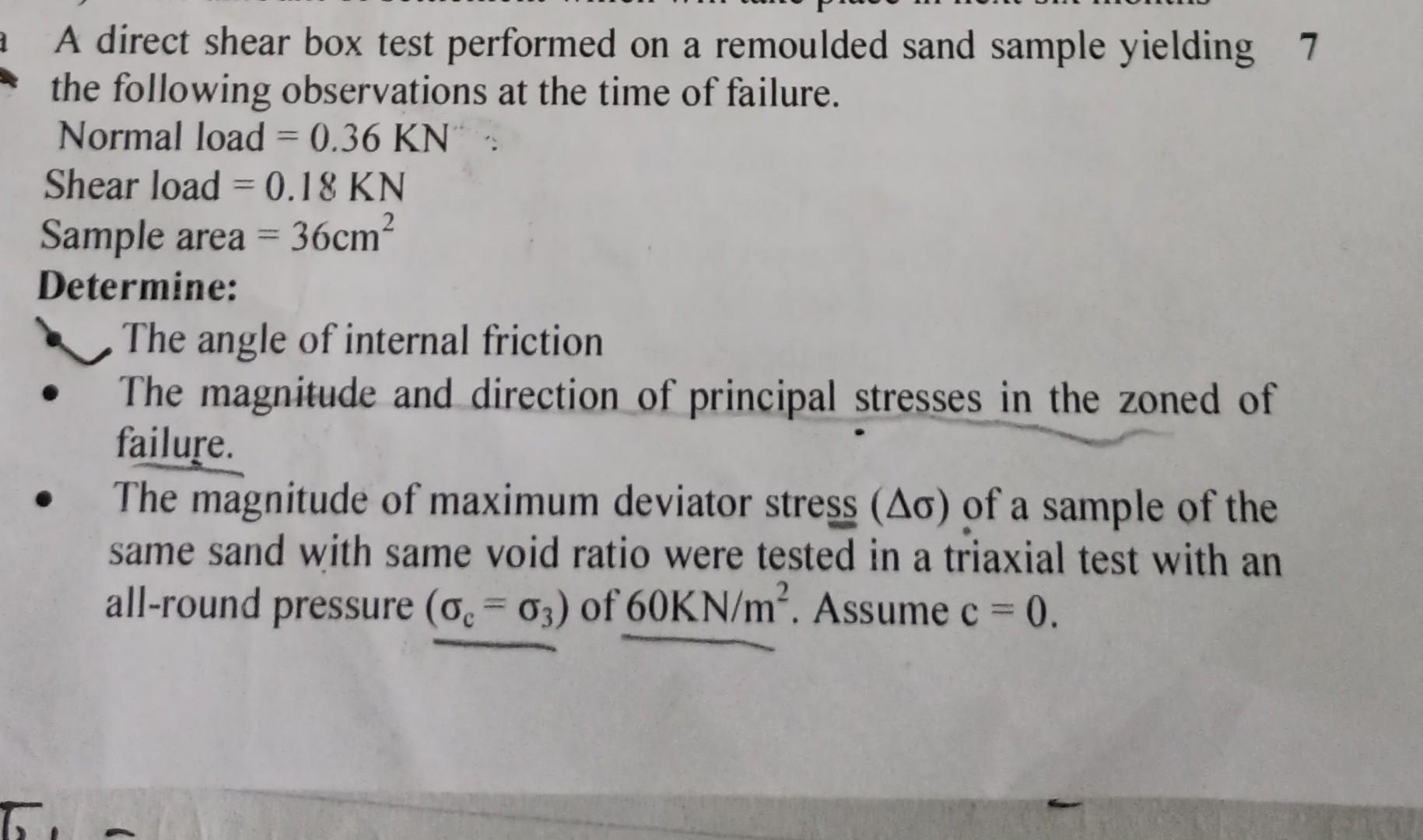 Solved A direct shear box test performed on a remoulded sand | Chegg.com