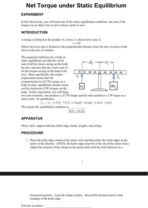 Solved Net Torque under Static Equilibrium EXPERIMENT In | Chegg.com